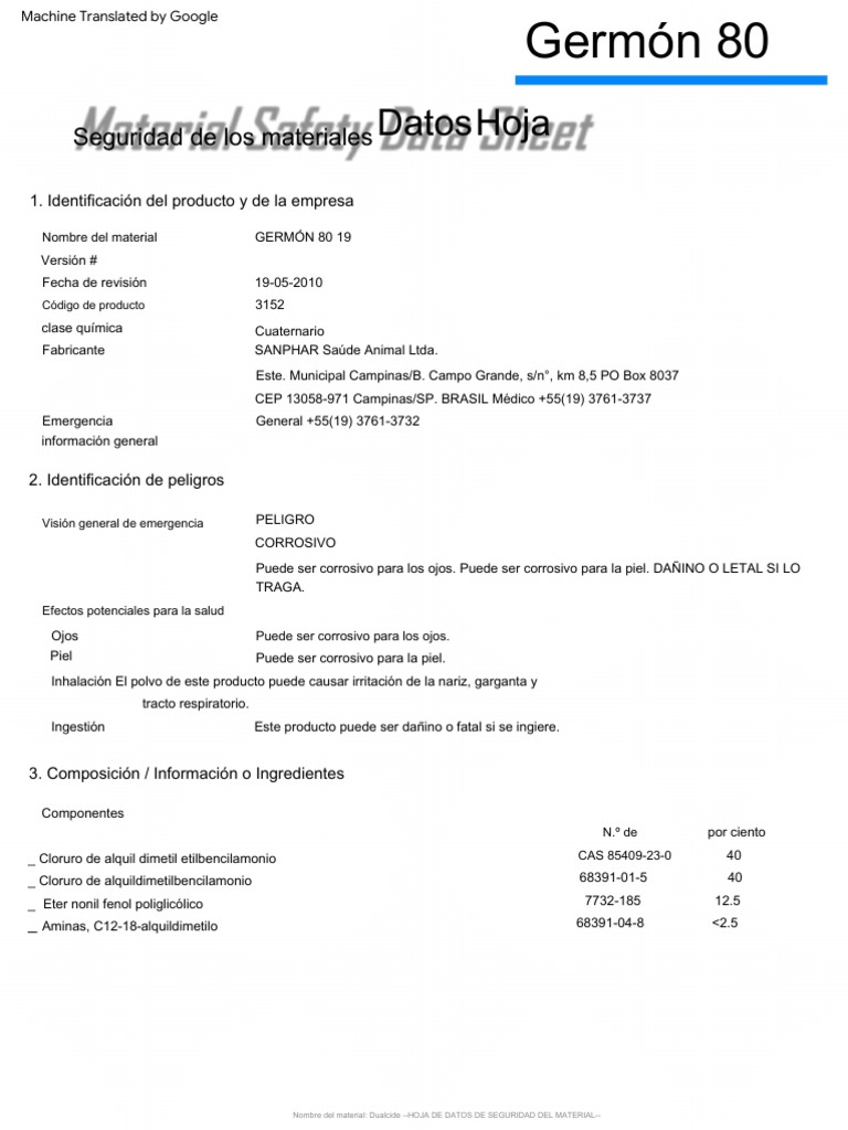 Hoja de Seguridad Germon 80 | PDF