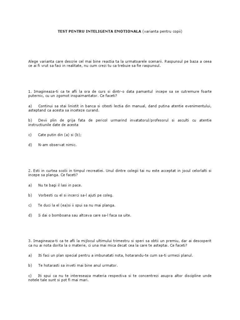 Test Inteligenta Emotionala Varianta PT Copii | PDF