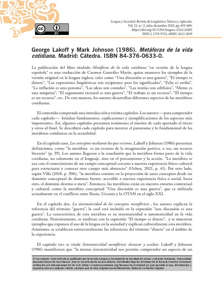 George Lakoff y Mark Johnson 1986 Metaforas de La | PDF