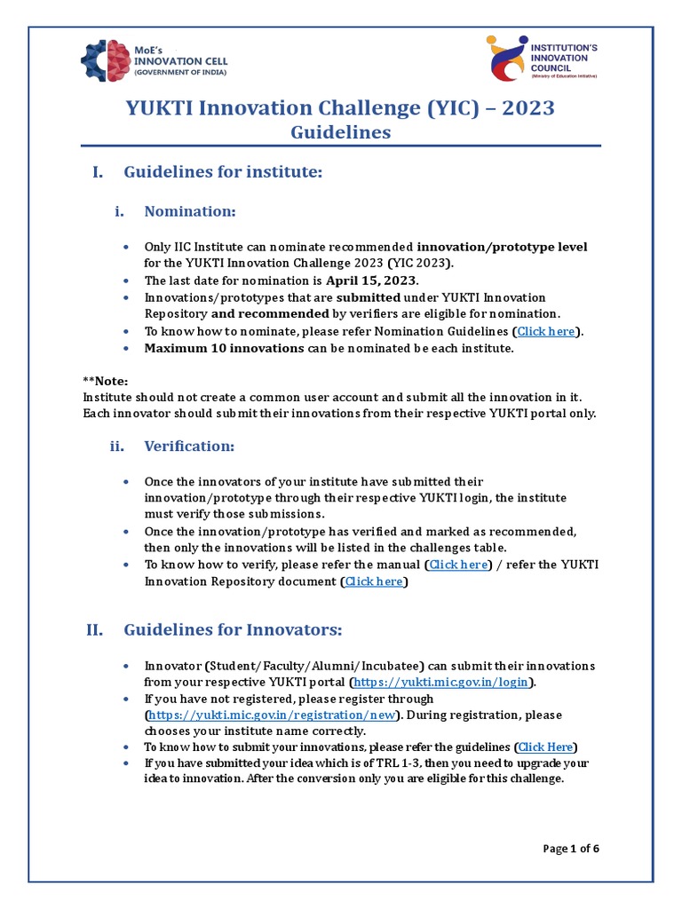 YUKTI Innovation Challenge (YIC) - 2023: Guidelines | PDF | Computing