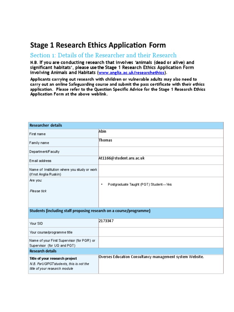 Stage 1 Research Ethics Application Form 2173347 | PDF