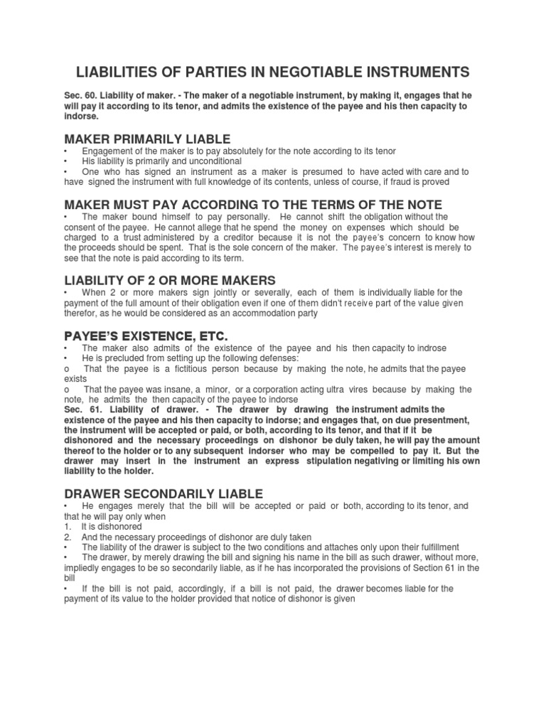 Liabilities of Parties in Negotiable Instruments | PDF | Negotiable ...
