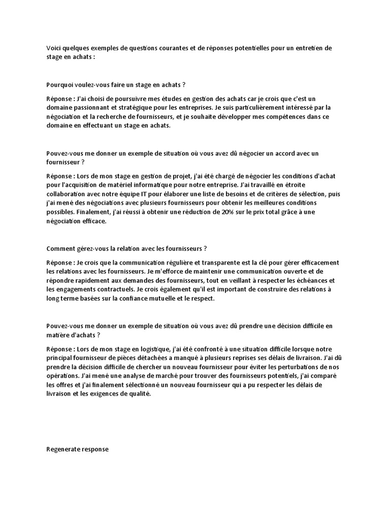 Voici Quelques Exemples de Questions Courantes Et de Réponses ...