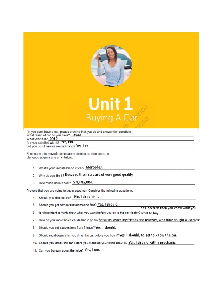Unit 1 Buying A Car Students Combine Work For Intermediate | PDF
