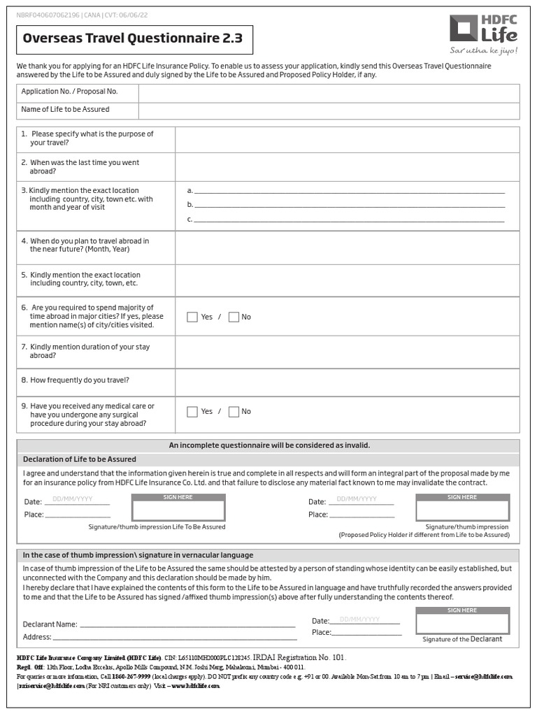 Overseas Travel Questionnaire 2.3: IRDAI Registration No. 101 | PDF
