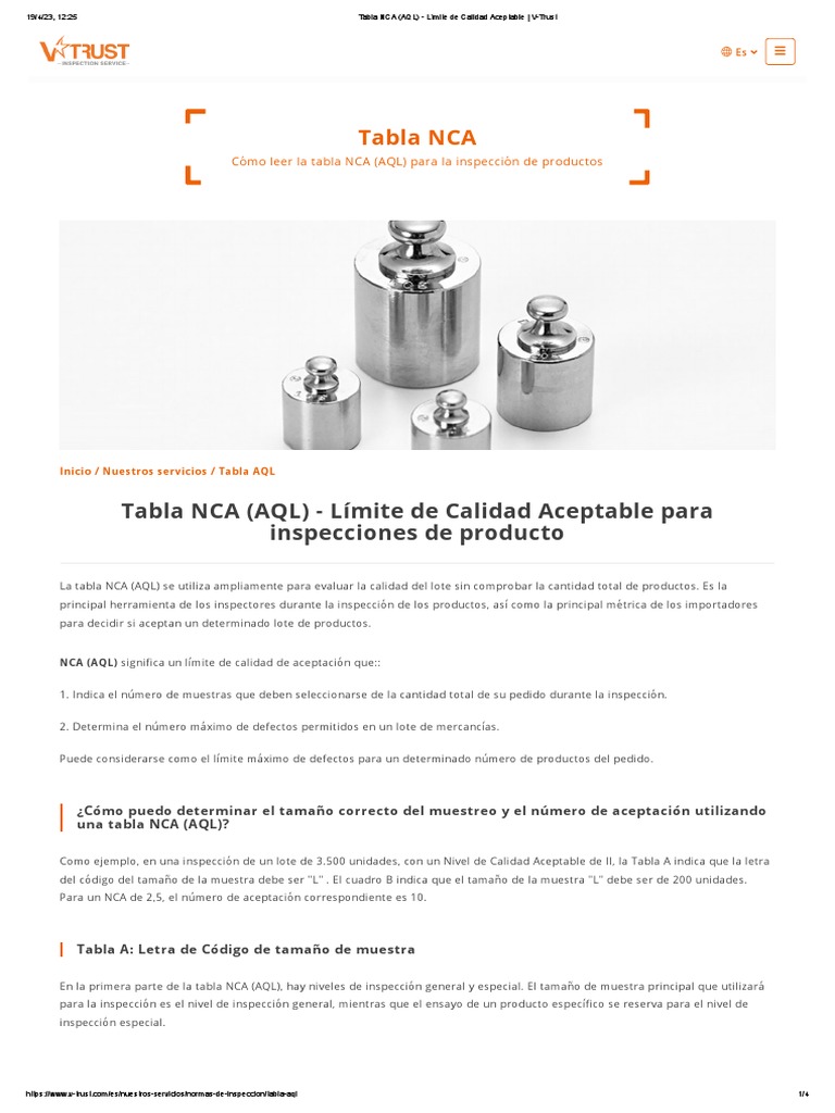 Tabla NCA (AQL) - Límite de Calidad Aceptable - V-Trust | PDF