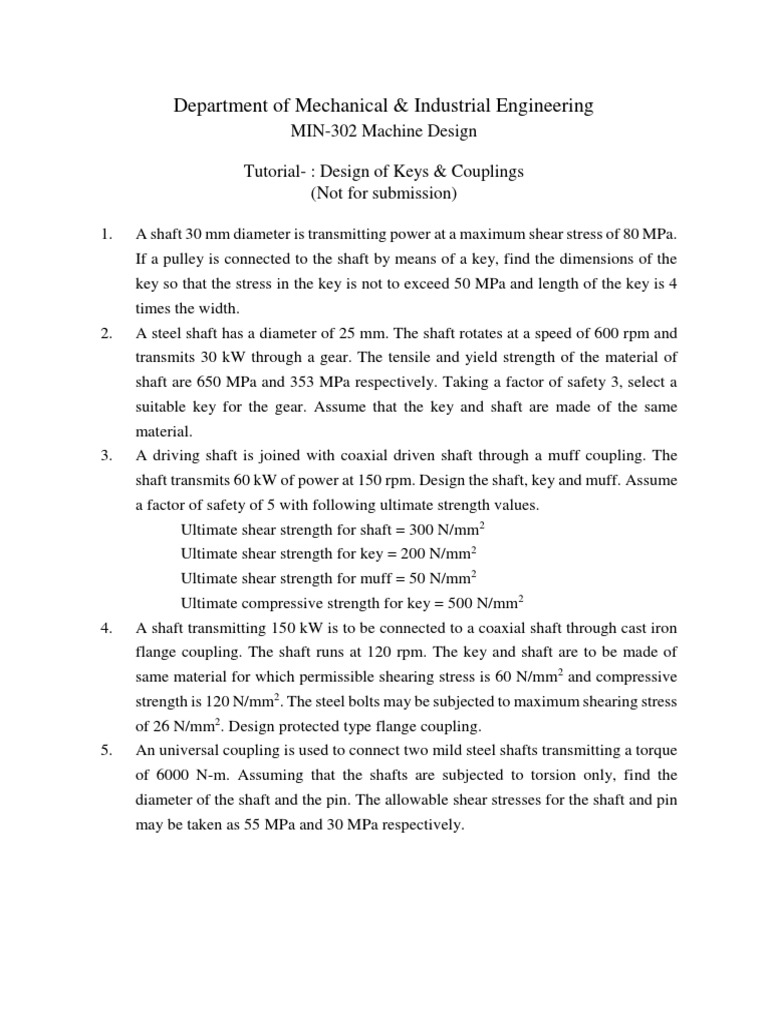 Design of Keys, Couplings, and Shafts for Power Transmission | PDF
