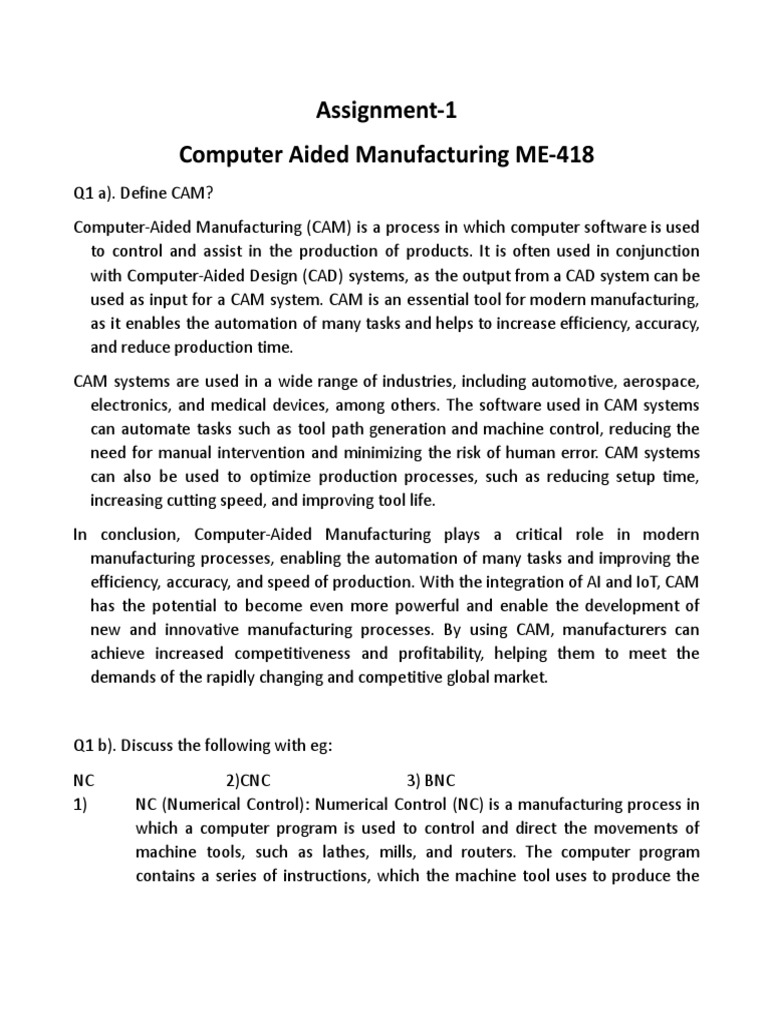 Assignment-1 Computer Aided Manufacturing ME-418 | PDF | Numerical Control | Computer Aided Design