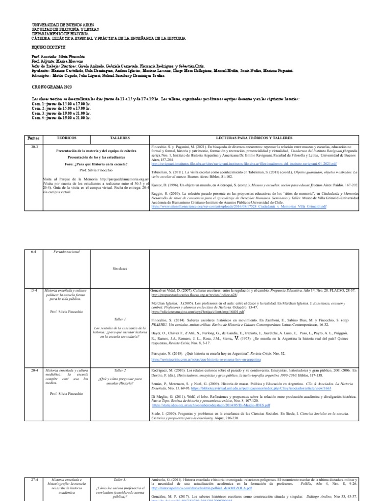Cronograma 2023 - Didáctica Especial Historia UBA | PDF | Plan de estudios | Maestros