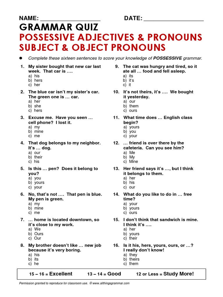 Pronouns and Adjectives Exercises A2-B2 | PDF | Syntax | Linguistic ...