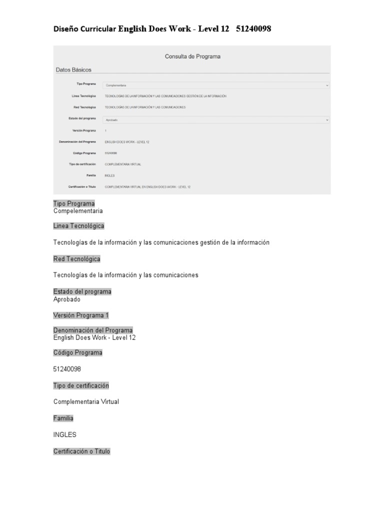 Diseno Curricular ENGLISH DOES WORK LEVEL 12 SENA PDF