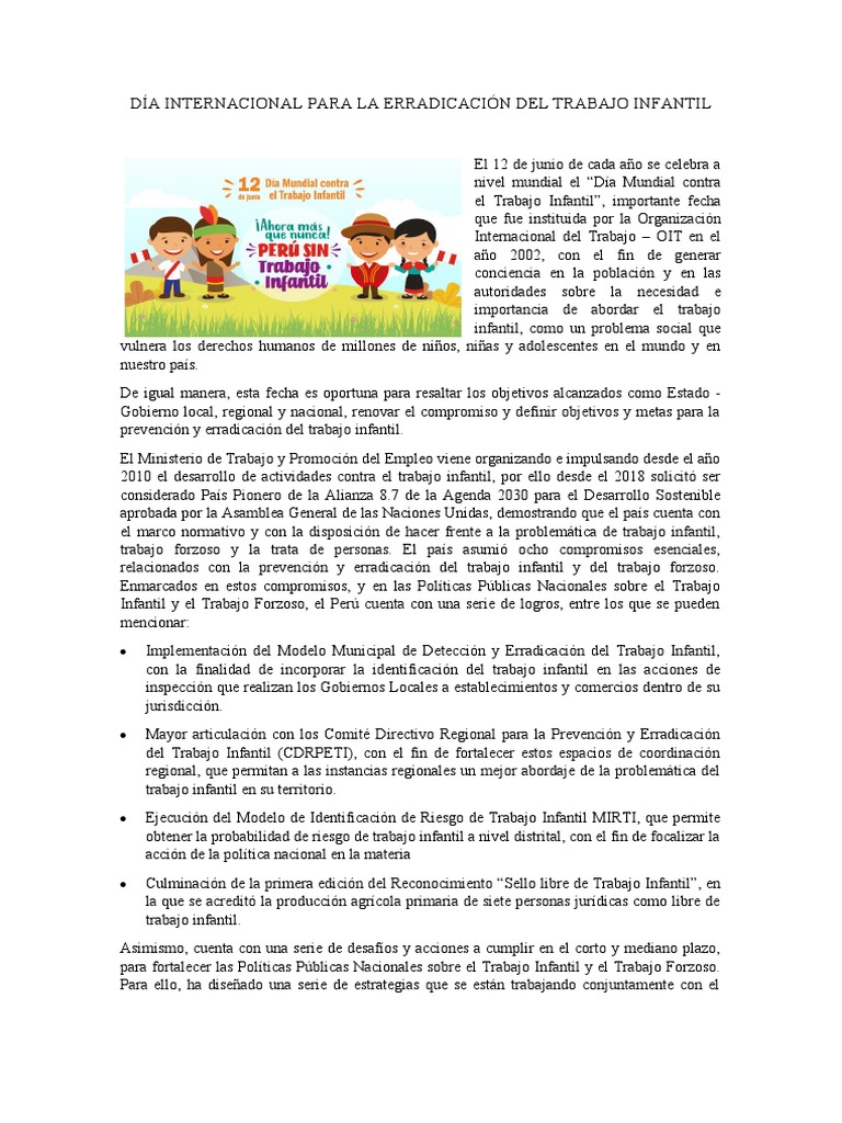Día Internacional para La Erradicación Del Trabajo Infantil - 12 Junio ...