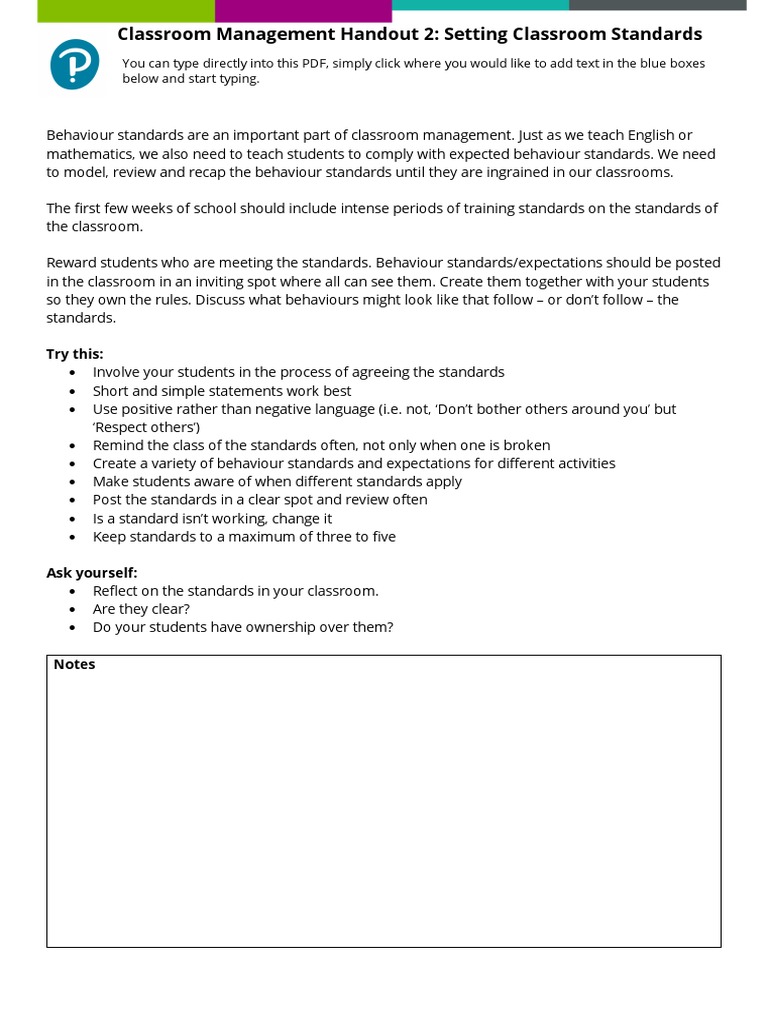 Classroom Management Handout 2 Setting Classroom Standards | PDF