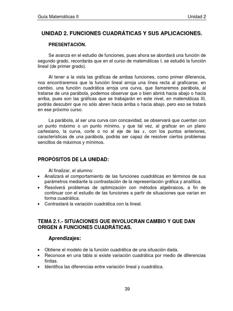 Unidad 2. Funciones Cuadráticas | PDF | Función (Matemáticas) | Ecuaciones