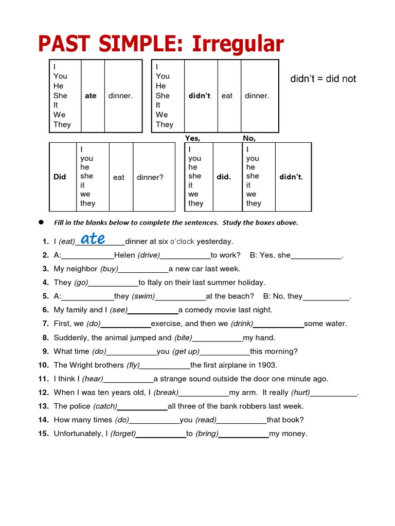 Past Simple Irregular Verbs Exercise | PDF