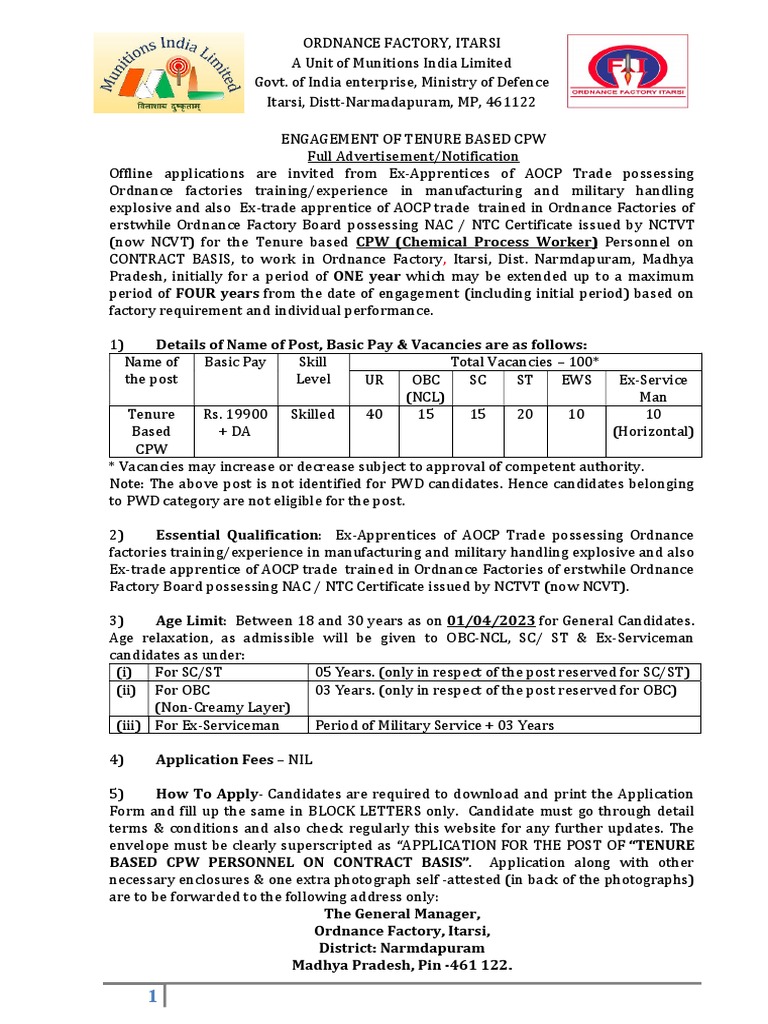 Notification Ordinance Factory Itarsi Chemical Process Worker Posts ...