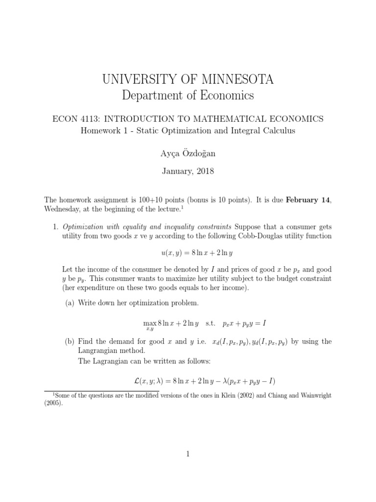 Econ4113 hw1 spr2018 Answerkey 2 | PDF | Mathematical Optimization | Applied Mathematics