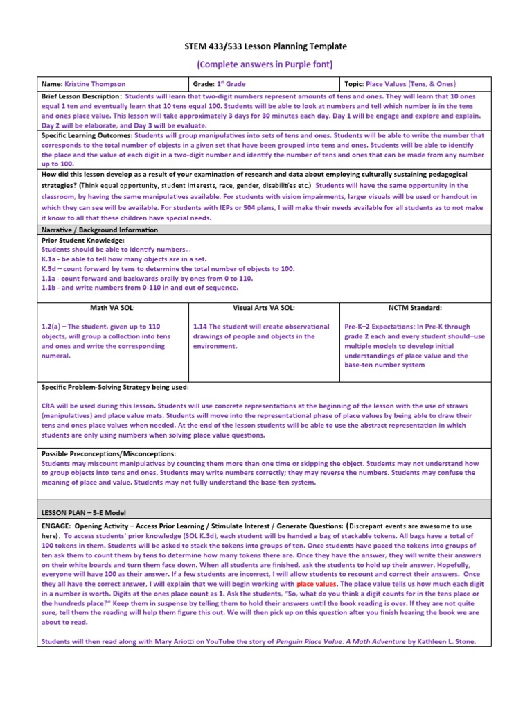 Place Value Lesson Plan for 1st Grade | PDF | Lesson Plan | Cognition