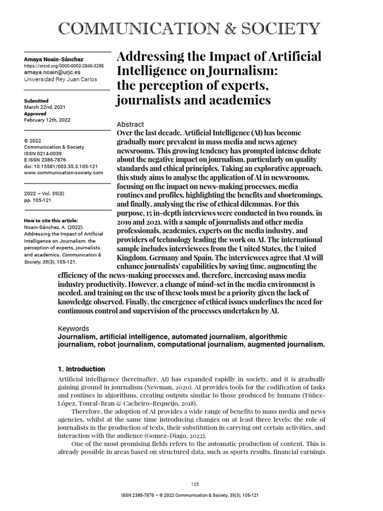 Addressing The Impact of Artificial Intelligence On Journalism: The Perception of Experts ...