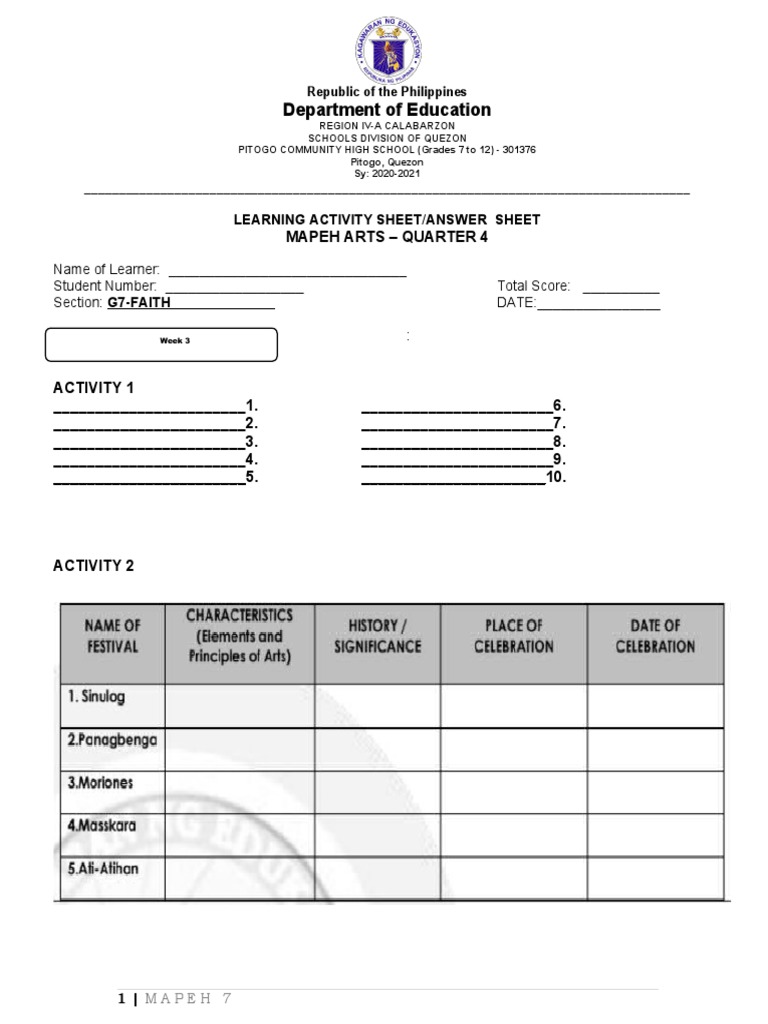 MAPEH Arts Learning Activity Sheet 2021 | PDF