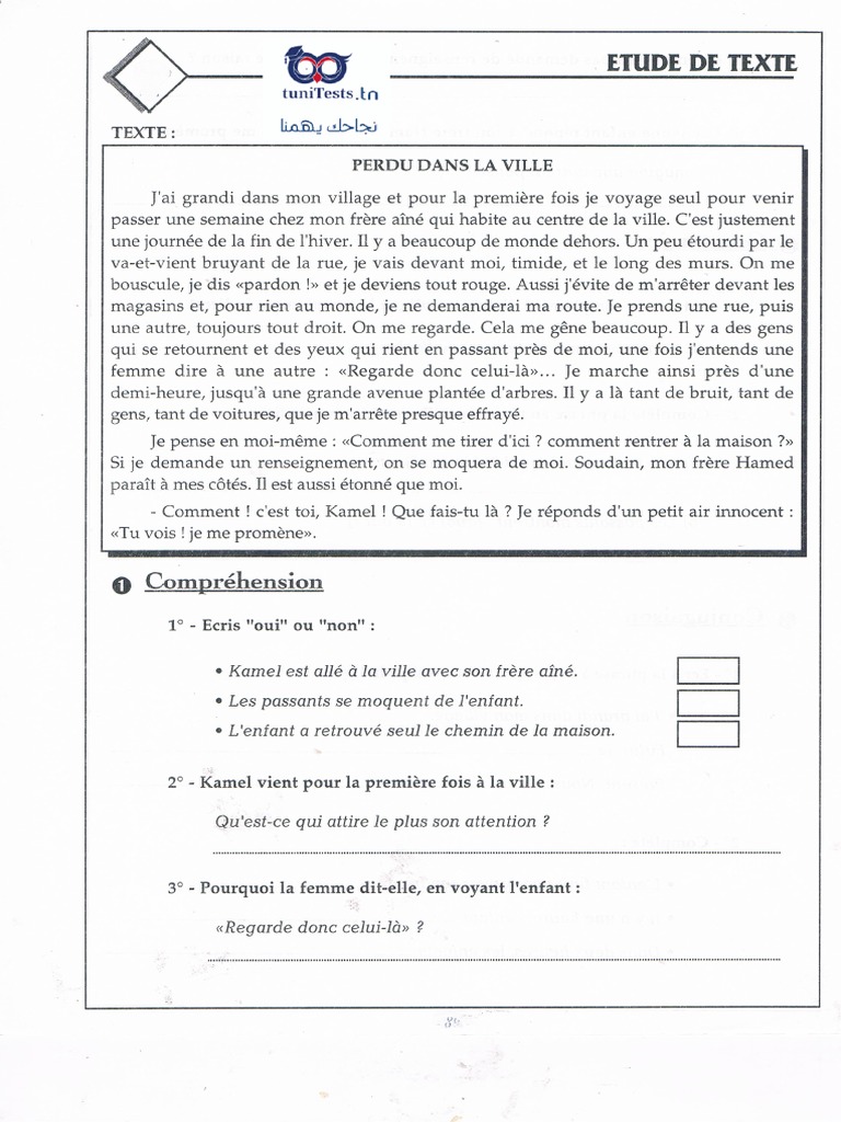 Devoir - 6eme - Annee - Primaire-Lecture-Perdu Dans La Ville | PDF