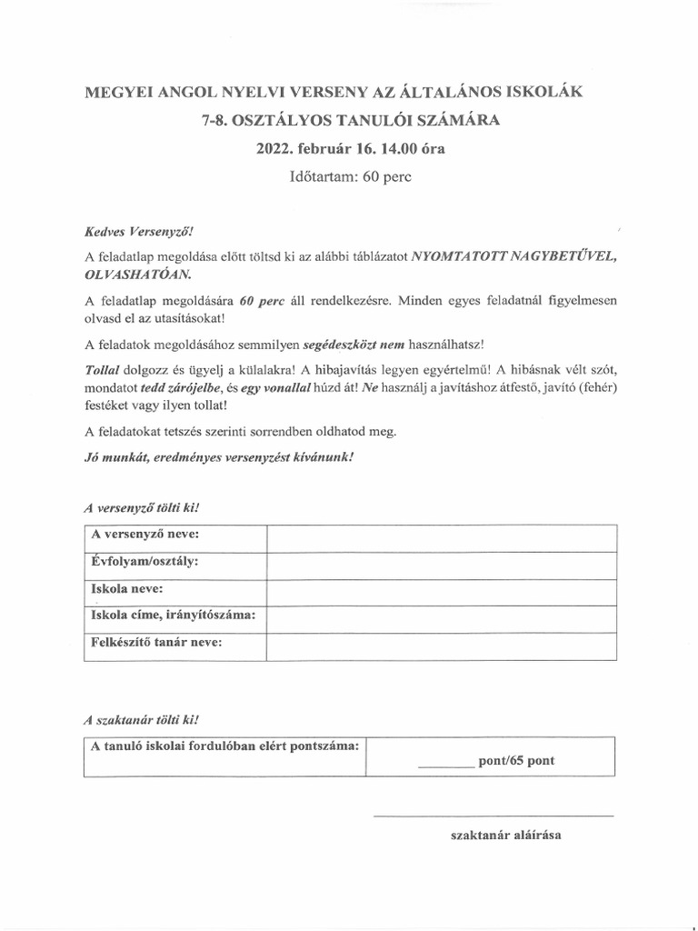 Megyei Angol Verseny Feladatlap 7-8. Osztály - 2021-2022 | PDF