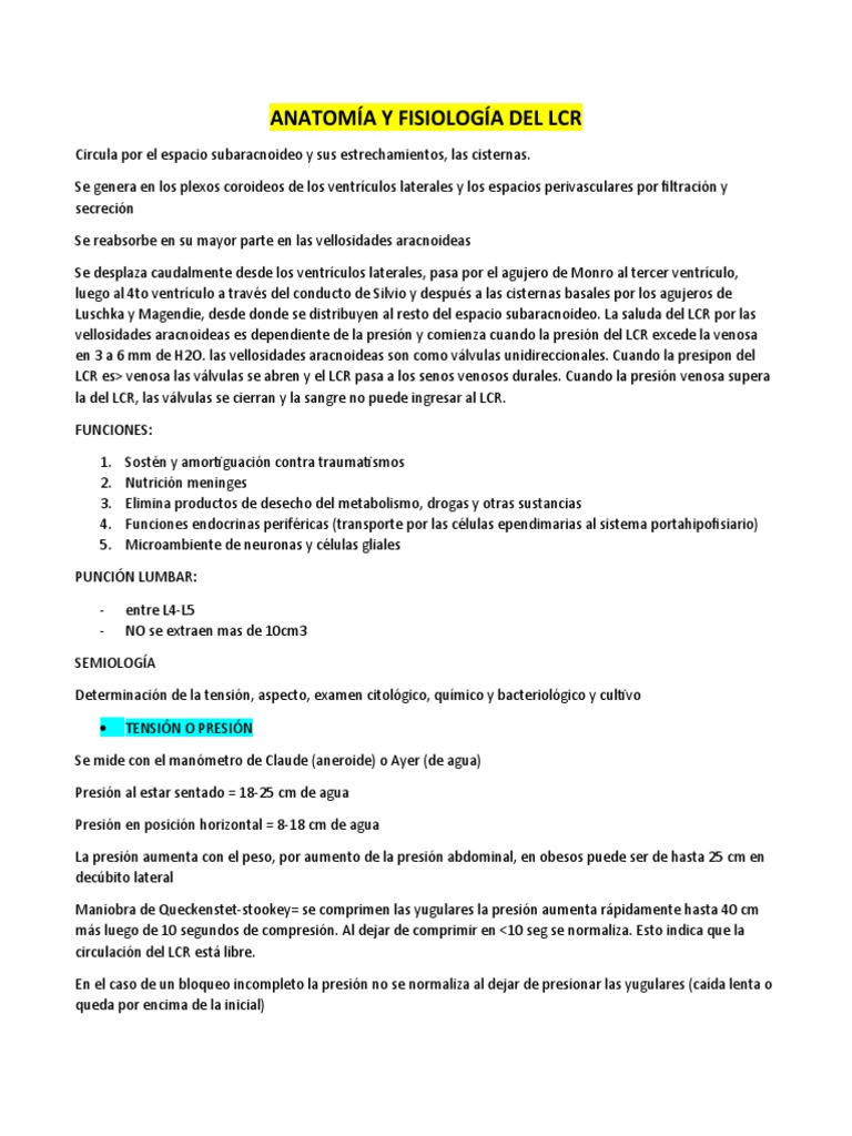 Anatomía y Fisiología Del LCR | PDF | Fluido cerebroespinal | Meningitis