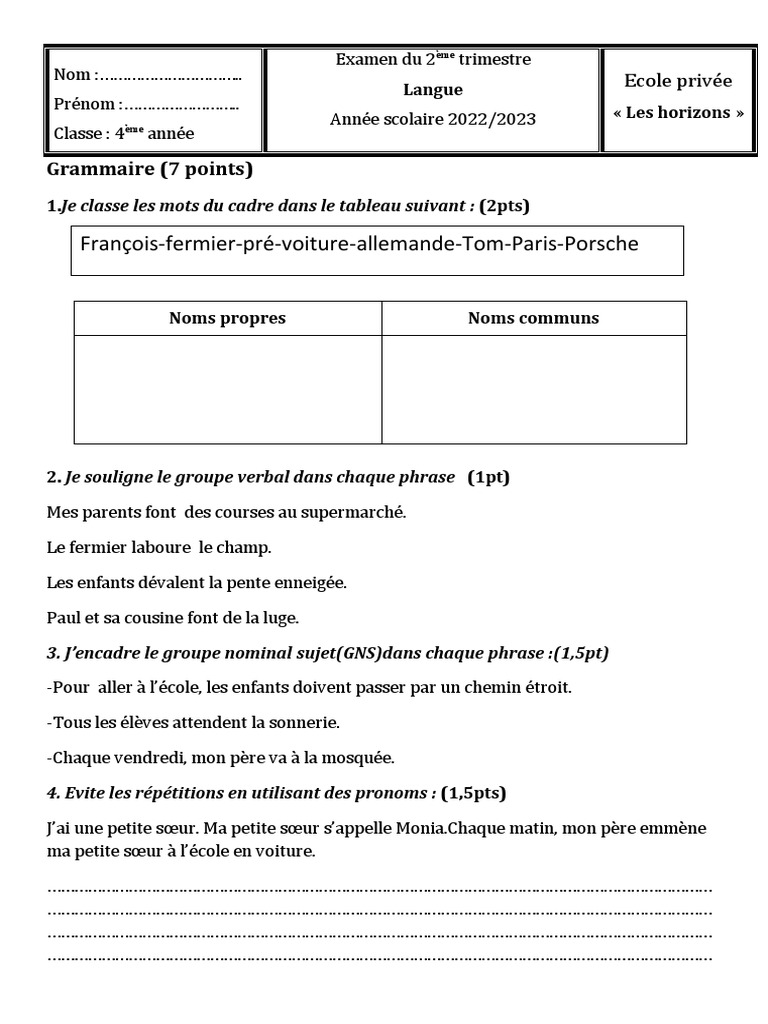 Examen Langue - 2éme Trimestre | PDF