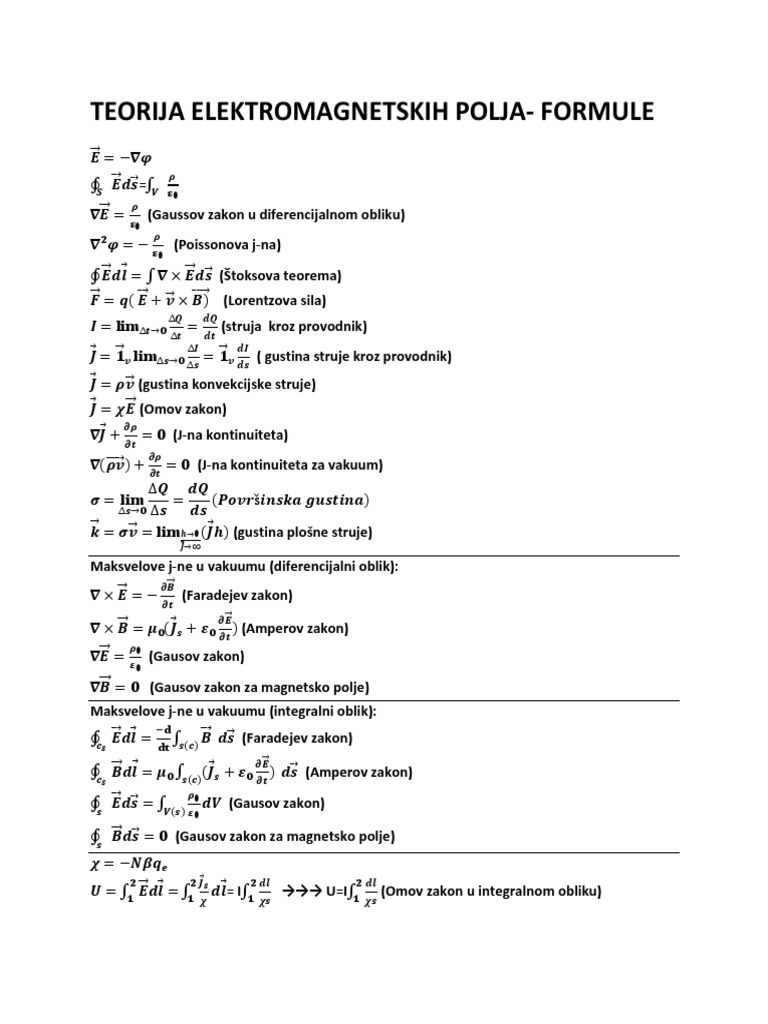 Teorija Elektromagnetskih Polja-Formule | PDF