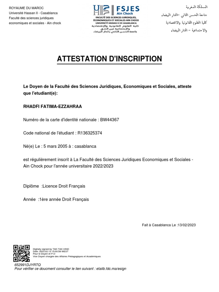 Attestation D'Inscription | PDF