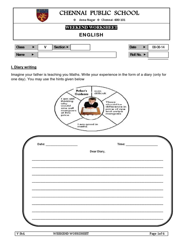 CBSE Class 5 English Worksheet - Diary Writing | PDF | Verb | Language ...
