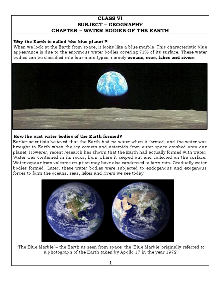 Geog - Class 6 - Waterbodies of The Earth | PDF | Lake | River