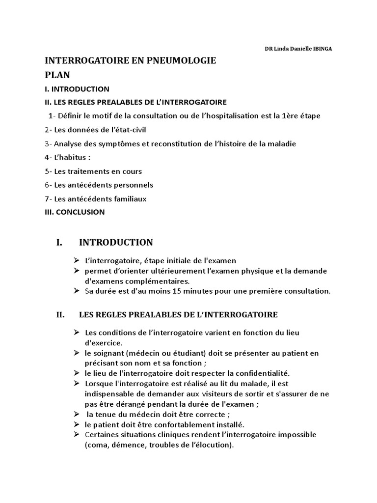 Interrogatoire en Pneumologie Plan: Ii. Les Regles Prealables de L ...