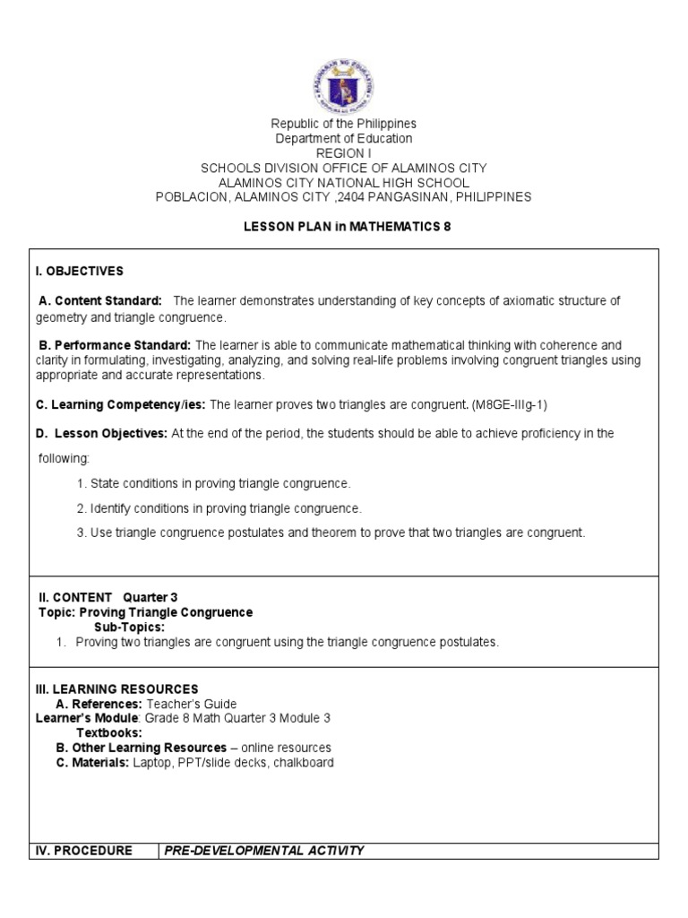 Triangle Congruence Lesson Plan for Grade 8 | PDF | Language Arts ...