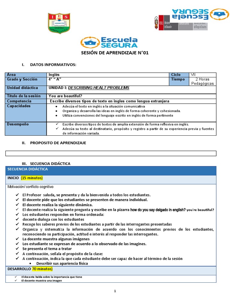 Sesion Jec Ingles 4to A Apariencia Fisica | PDF | Aprendizaje | Idioma en Inglés