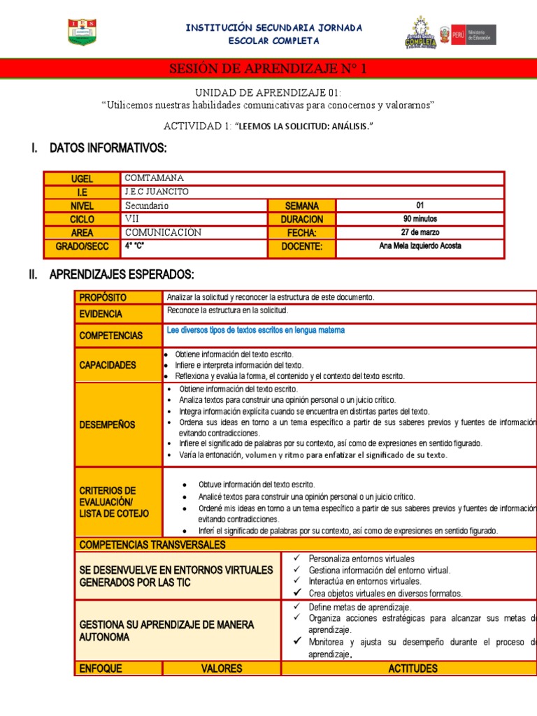 Sesión de Aprendizaje #1: Datos Informativos | PDF
