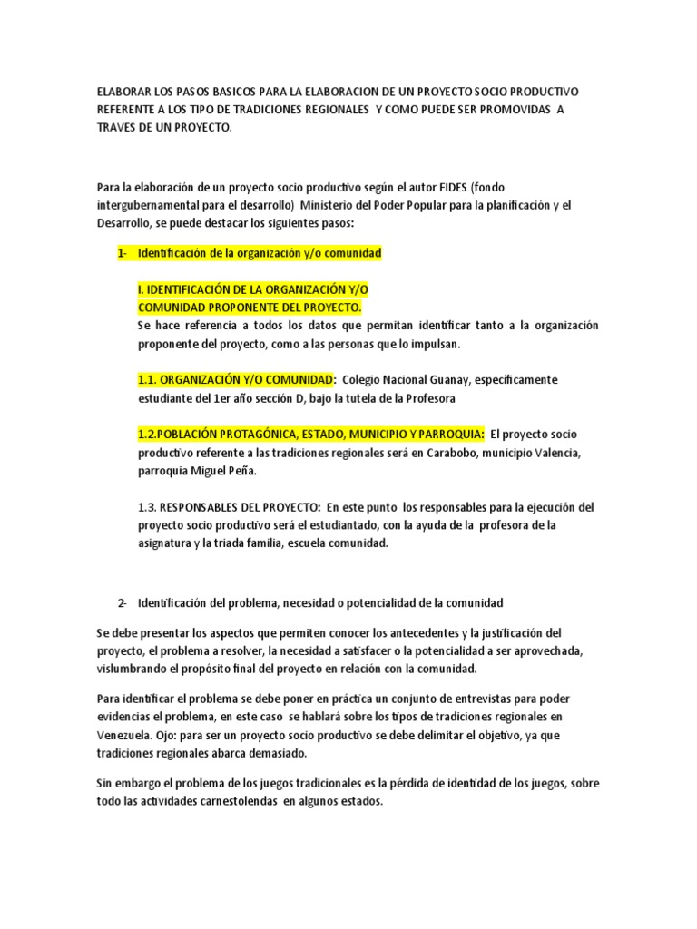 Elaborar Los Pasos para La Elaboracion de Un Proyecto Socio Productivo ...
