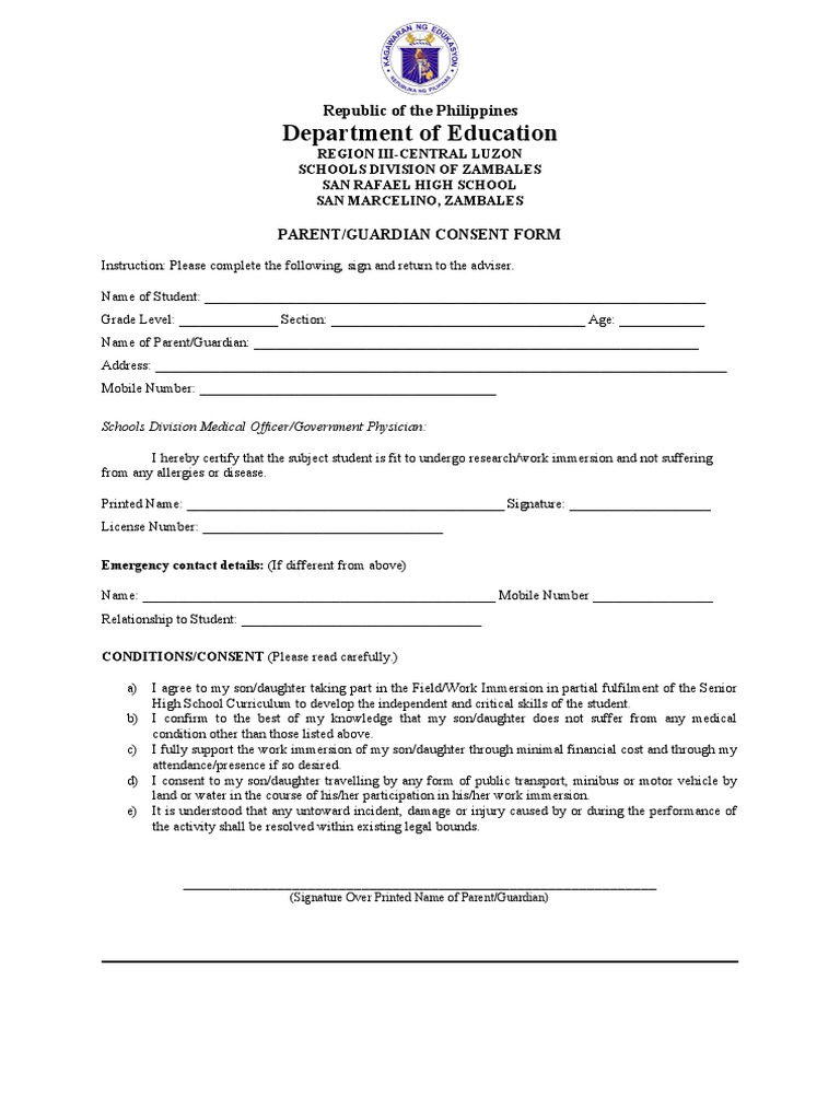 Work Immersion Parental Consent | PDF | Public Services | Health Care