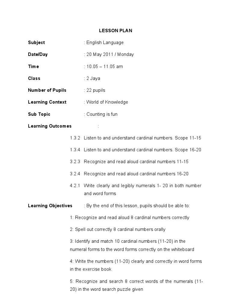 Lesson Plan Subject Date/Day Time Class Number of Pupils Learning ...