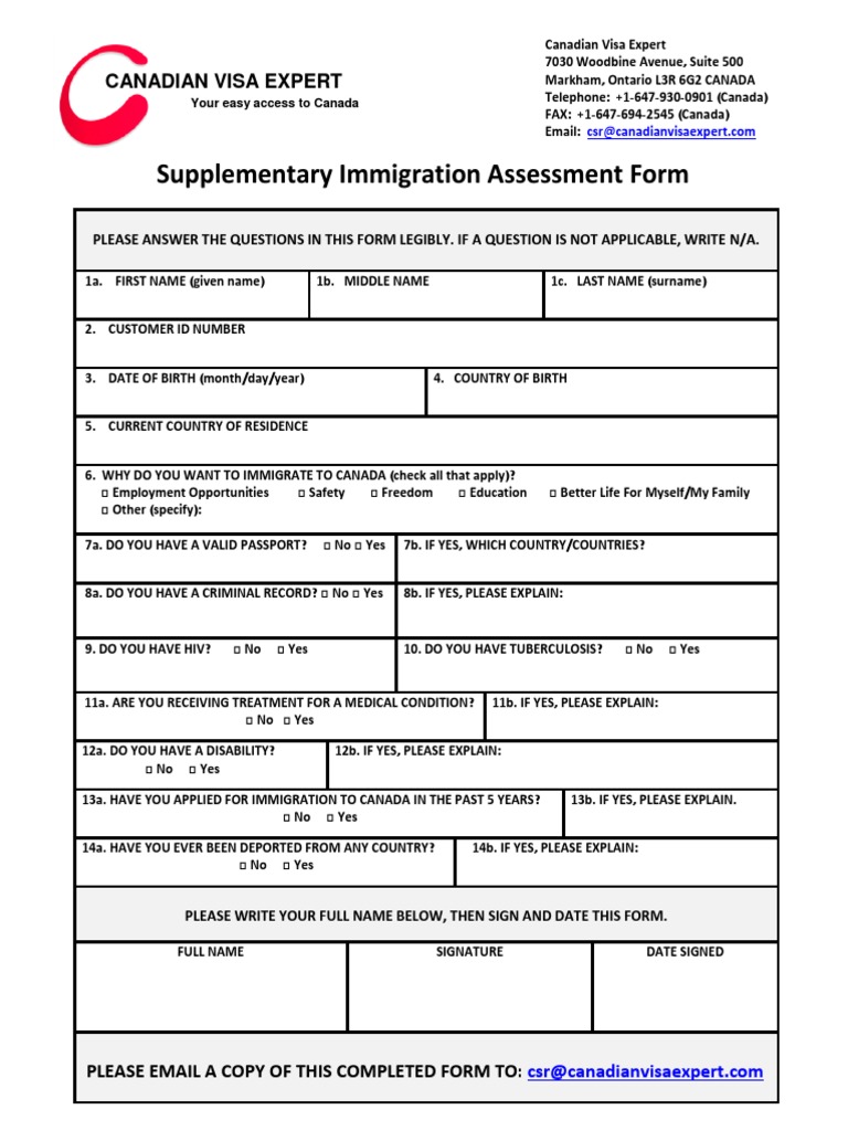 Supplementary Immigration Assessment Form: Canadian Visa Expert | PDF