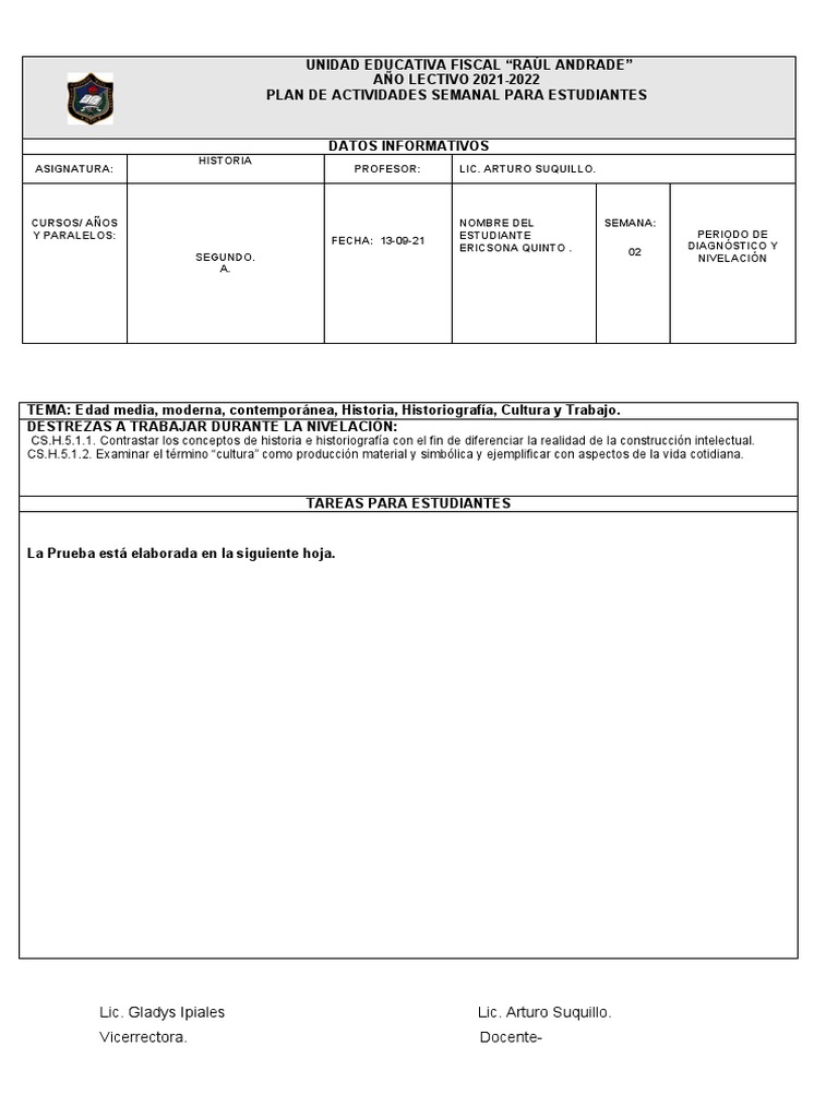 DIAGNOSTICO DOS Y NIVELACION 2DO BGU. Historia | PDF
