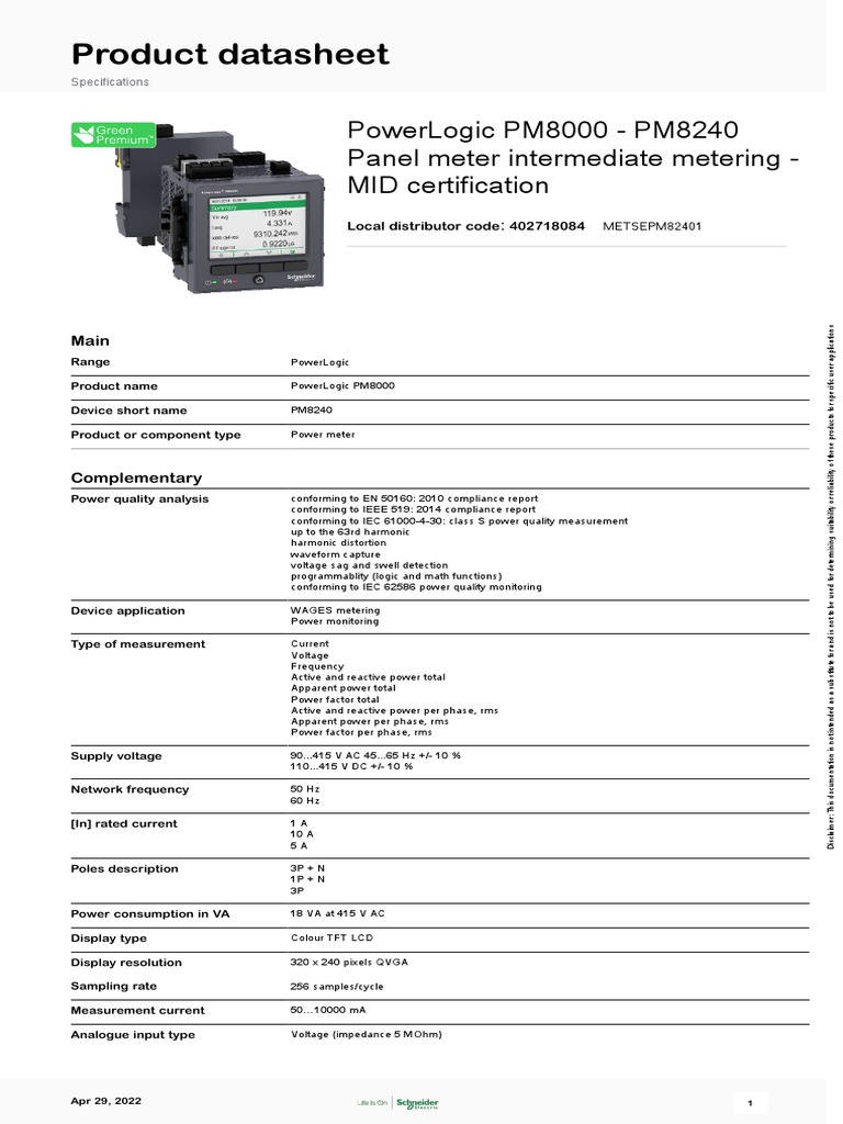 PowerLogic PM8240 Meter Specs | PDF | Ac Power | Alternating Current
