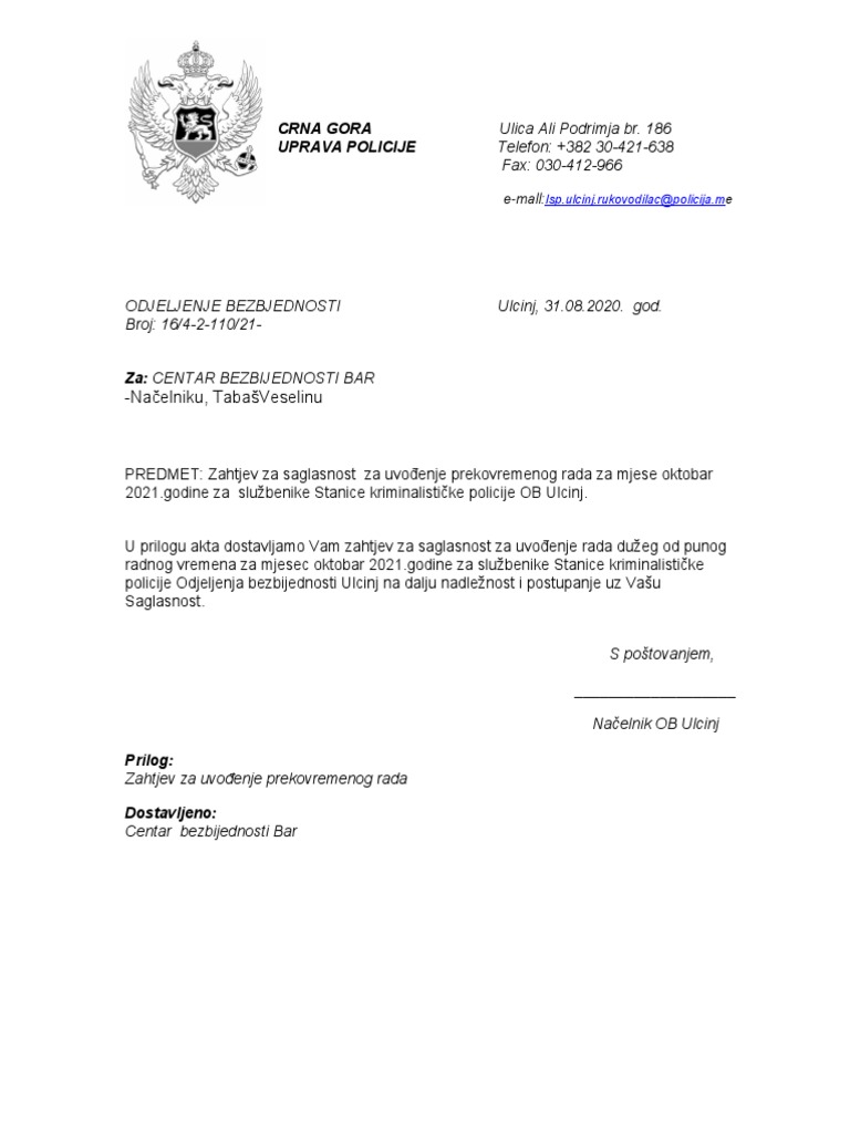 Zahtjev Za Prekovremene - NOVI-dopis | PDF