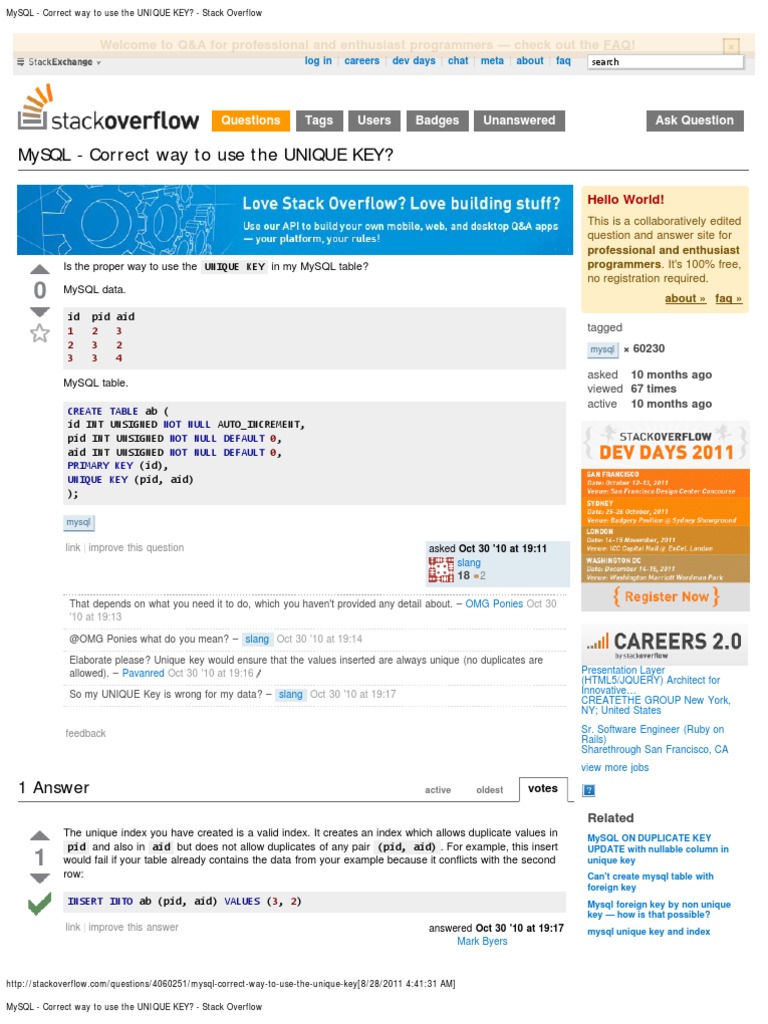 Mysql Correct Way To Use The Unique Key Stack Overflow Download Free Pdf Database Index