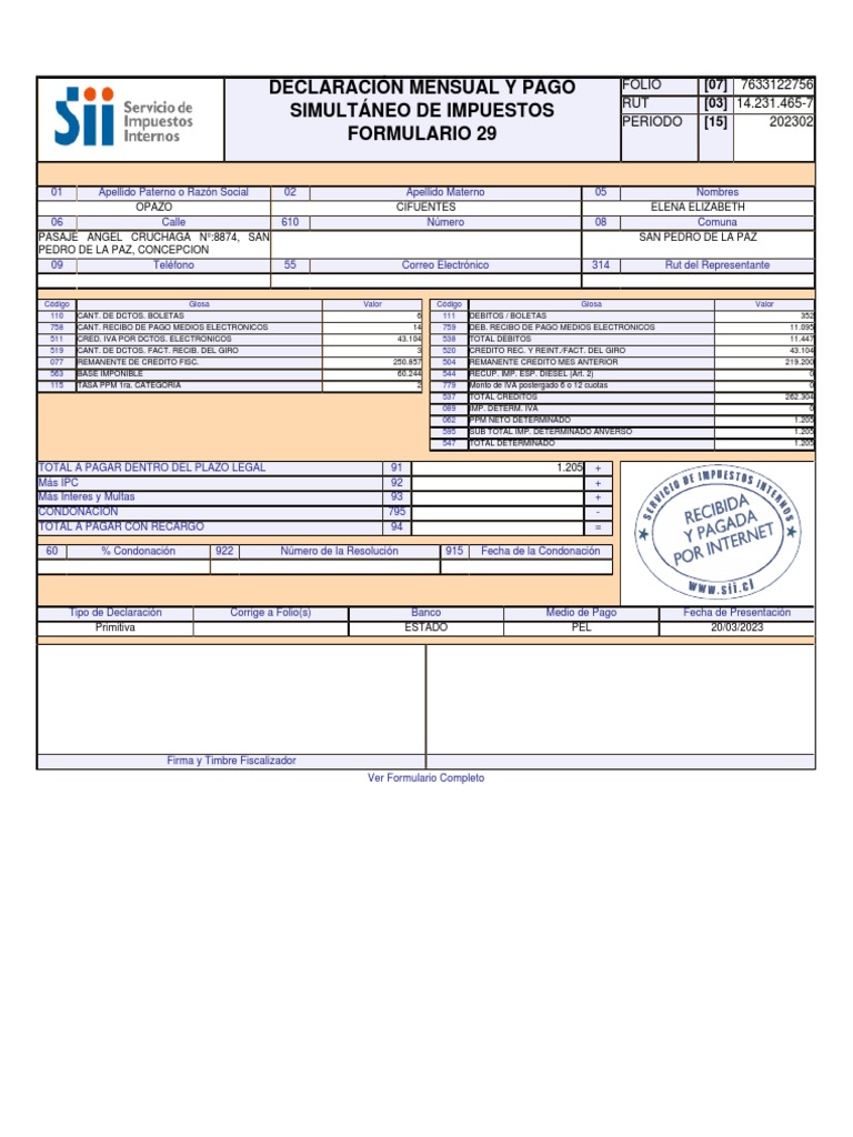 Declaración Mensual Y Pago Simultáneo de Impuestos Formulario 29 | PDF ...