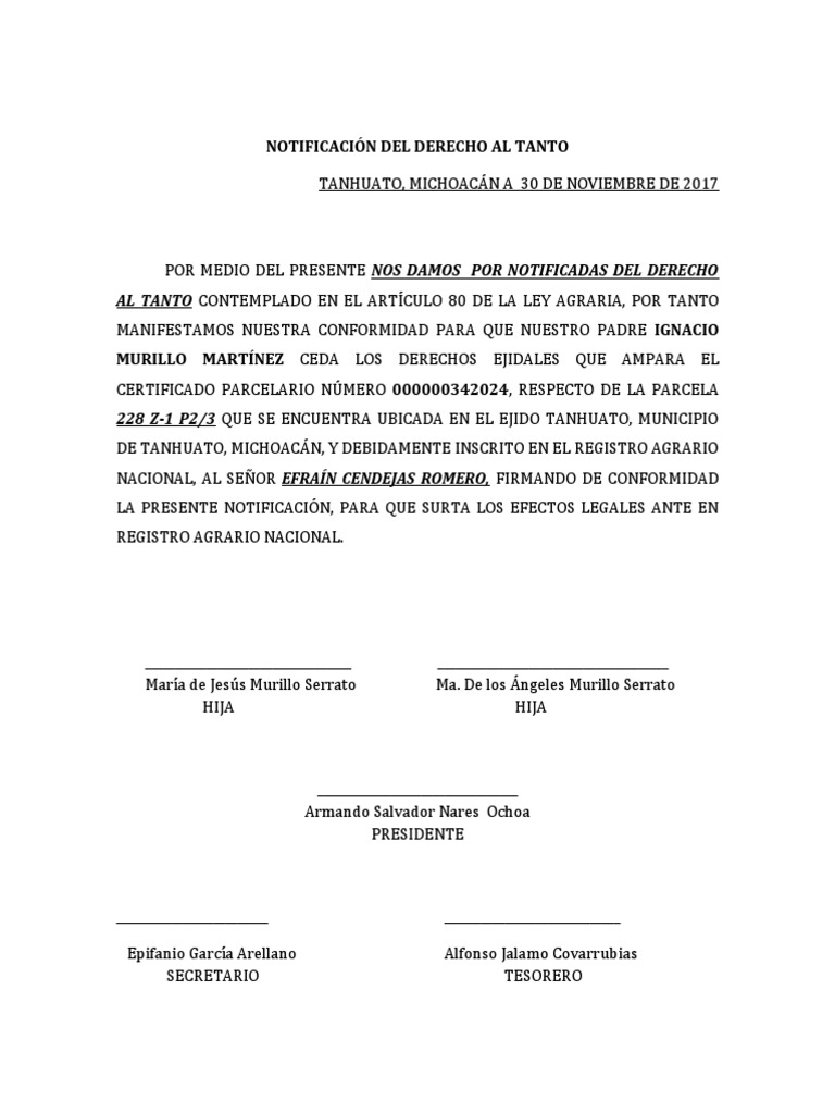 Notificación Del Derecho Al Tanto: Al Tanto Contemplado en El Articulo ...