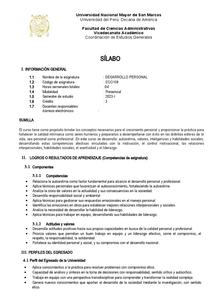 Sìlabo Desarrollo Personal-Aprobado | PDF | Evaluación | Aprendizaje