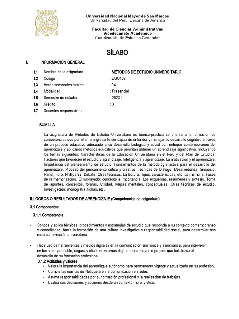 SILABO MÉTODOS DE ESTUDIO UNIVERSITARIO | PDF | Pensamiento ...