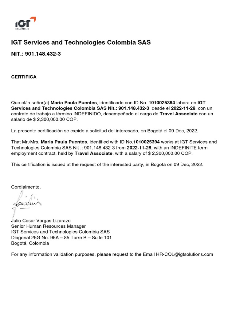 IGT Services and Technologies Colombia SAS: Certifica | PDF