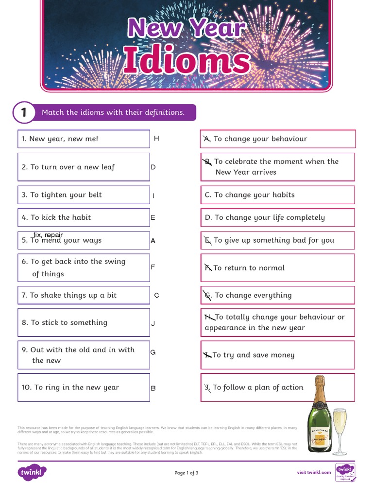 Esl New Year Idioms Worksheet - Ver - 1 | PDF | English As A Second Or ...
